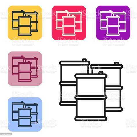 흰색 배경에 격리 된 검은 줄 배럴 오일 아이콘 색상 정사각형 단추로 아이콘을 설정합니다 벡터 일러스트레이션 가솔린에 대한 스톡 벡터 아트 및 기타 이미지 Istock