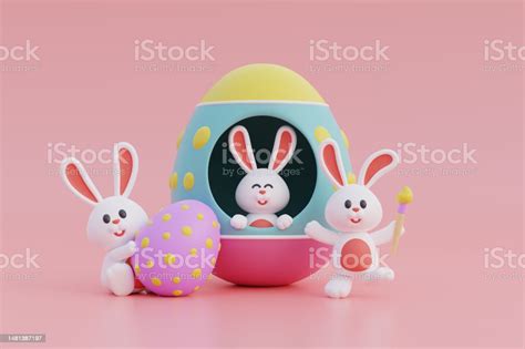 행복한 부활절 날 귀여운 토끼와 화려한 부활절 달걀 국제 봄 축하 3d 렌더링 4월에 대한 스톡 사진 및 기타 이미지 4월 계절 귀 부분 Istock