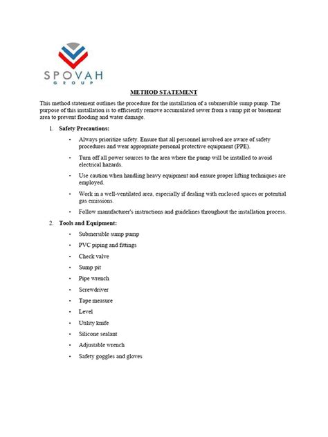 Acsa Sewer Sub Pump Method Statement Autosaved New Pdf Pump Sanitary Sewer