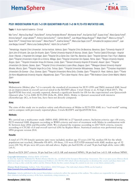 Pdf P531 Midostaurin Plus 7 3 Or Quizartinib Plus 7 3 In Flt3 Itd Mutated Aml