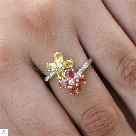 Multi Sapphire Flower Ring Pave Diamond Sterling Silver Jewelry Etsy