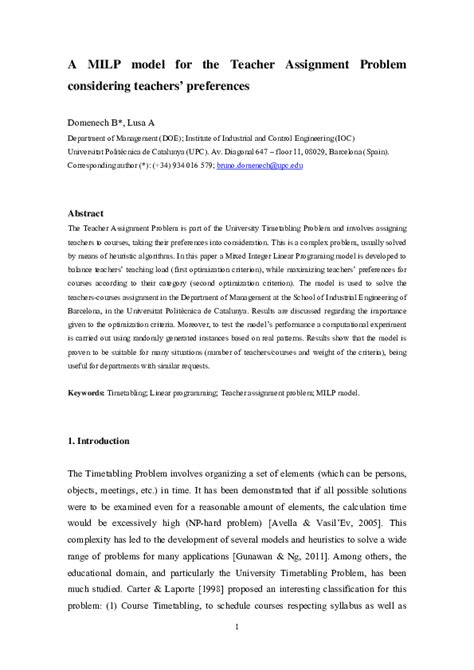Pdf A Milp Model For The Teacher Assignment Problem Considering