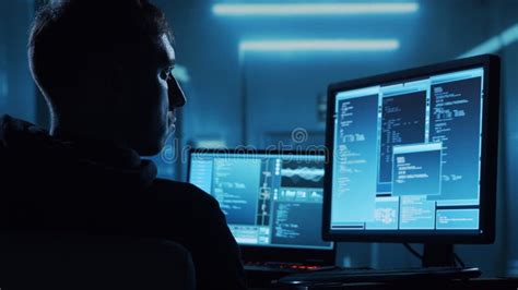 Computer Hacker In Hoodie Obscured Dark Face Concept Of Hacker Attack Virus Infected Software