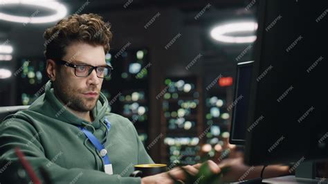 Premium Photo Focused Man Coding Computer Keyboard Night Datacenter