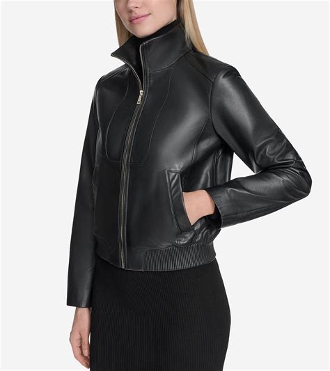 Womens Stand Collar Leather Bomber Jacket Cole Haan Saudi Arabia