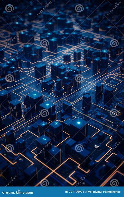 Computer Circuit Board With Blue Lights And Buildings In The Middle