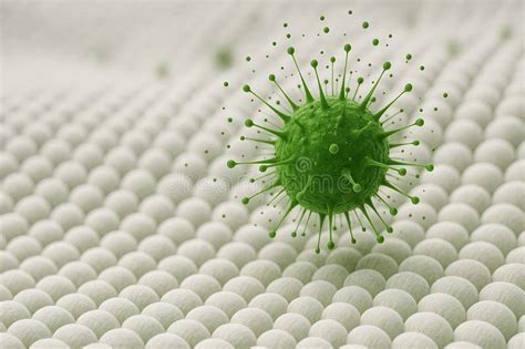 Close Up 3d View Of A Green Virus Or Bacteria Particle On A Surface Symbolizing Infection
