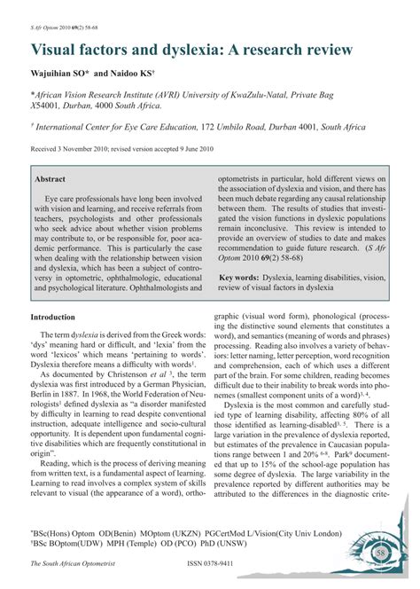 Pdf Visual Factors And Dyslexia A Research Review