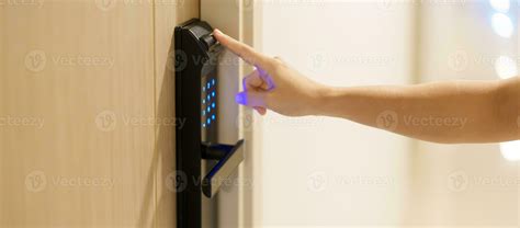 Hand Using Fingerprint Scan For Smart Digital Door Lock While Open Or Close The Door At Home Or