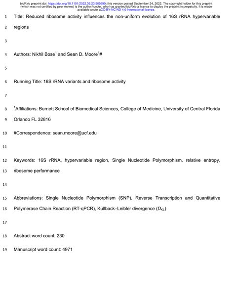 Pdf Reduced Ribosome Activity Influences The Non Uniform Evolution Of 16s Rrna Hypervariable