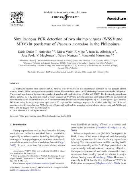 Pdf Simultaneous Pcr Detection Of Two Shrimp Viruses Wssv And Mbv In Postlarvae Of Penaeus