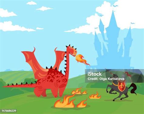 나이트 라이더는 고대 왕국의 성 근처에서 거대한 용과 싸웁니다 검을 든 갑옷을 입은 전사 불을 내뿜는 생물 동화 속 장면 귀여운