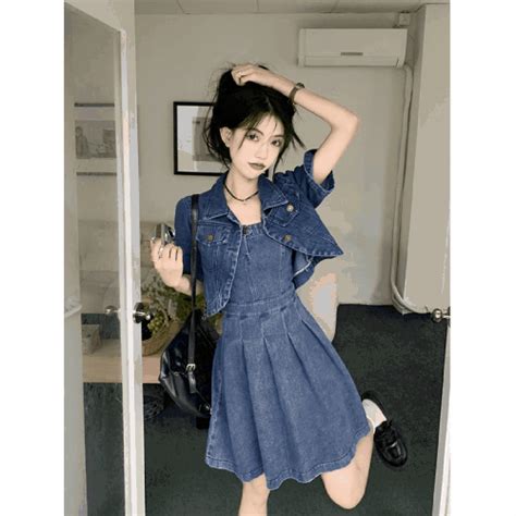 러버블유 Sm 나시 청 미니원피스 반팔 데님 자켓 투피스 코디 셋업 스퀘어넥 하이웨이스트 A라인 프릴 주름 핀턱 슬림핏