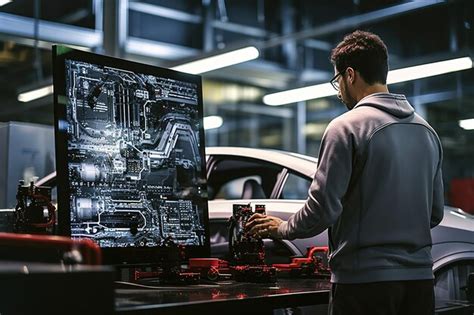 premium photo engineer programming robots in a car factory