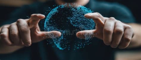 Hands Engaging With Augmented Interface Displaying Interactive Digital Projection Sphere Stock