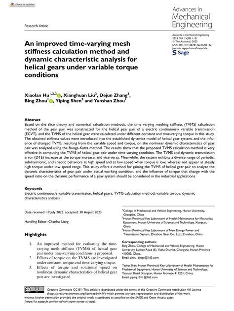 Pdf An Improved Time Varying Mesh Stiffness Calculation Method And