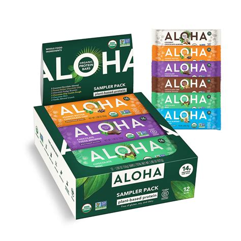 Aloha Organic Plant Based Protein Bars 6 Flavor Variety Pack 12 Count 19oz