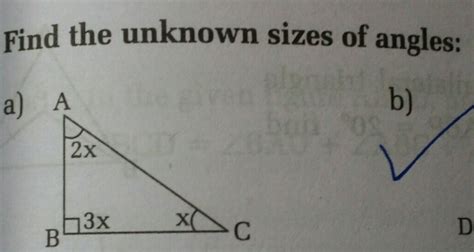solved find the unknown sizes of angles b d [geometry]