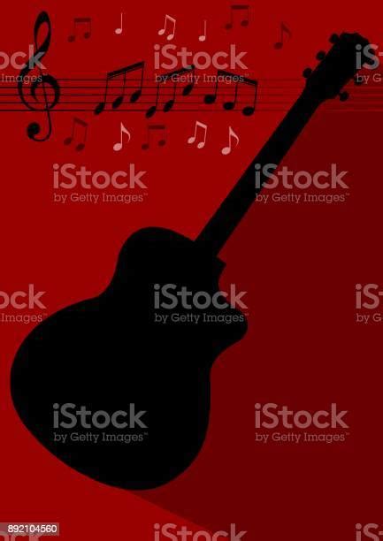 어두운 빨간색 배경 고음 음자리표 널 노트에 긴 그림자와 기타 검은 실루엣 전단지 음악 테마와 서식 파일 Leflet 검은색에 대한 스톡 벡터 아트 및 기타 이미지 Istock