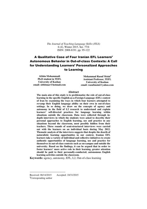 Pdf A Qualitative Case Of Four Iranian Efl Learners Autonomous Behavior In Out Of Class