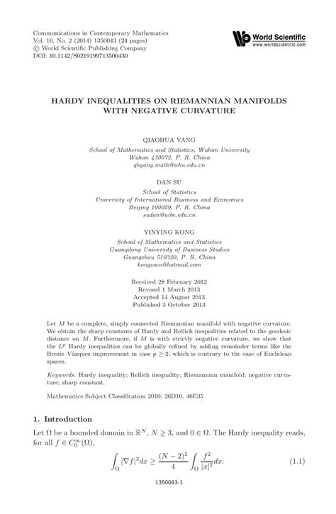 Pdf Hardy Inequalities On Riemannian Manifolds With Negative Curvature