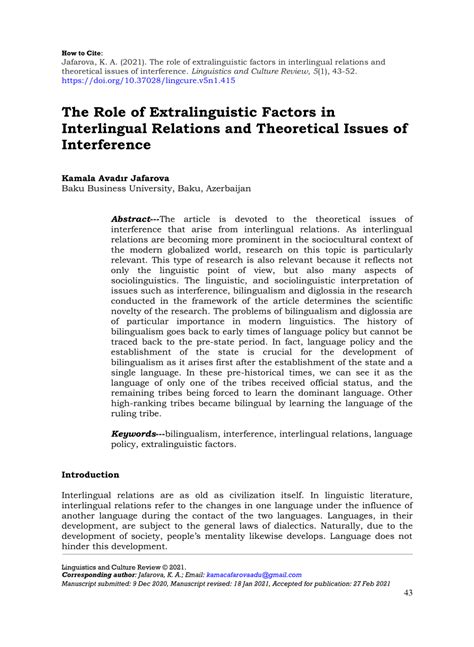 Pdf Role Of Extralinguistic Factors In Interlingual Relations And
