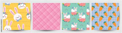 Happy Easter Seamless Pattern Vector Set Of Square Cover Design With Easter Egg Rabbit Flower