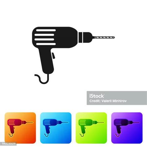 검은 드릴 기계 아이콘 흰색 배경에 고립입니다 색상 사각형 버튼에 아이콘을 설정 합니다 벡터 일러스트 가정 생활에 대한 스톡 벡터 아트 및 기타 이미지 Istock