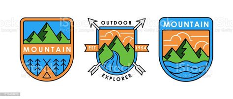 마운틴 로고 벡터 일러스트 세트입니다 산 배지 디자인 벡터 템플릿 디자인입니다 야외 모험에 대한 유행 산 로고 디자인 벡터