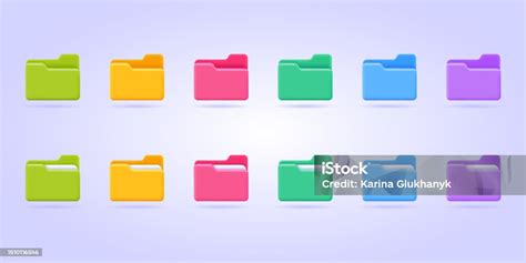 녹색 분홍색 파란색 보라색 및 노란색 컴퓨터 파일 폴더와 종이 문서와 빈 파일 폴더의 3차원 벡터 아이콘 모음입니다 응용 프로그램을 위한 3d 벡터 그림입니다 3차원 형태에