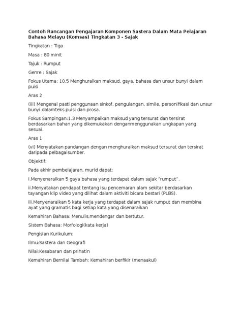 Contoh Rancangan Pengajaran Komponen Sastera Dalam Mata Pelajaranbahasa