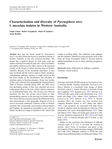 Pdf Characterisation And Diversity Of Pyrenophora Teres F Maculata