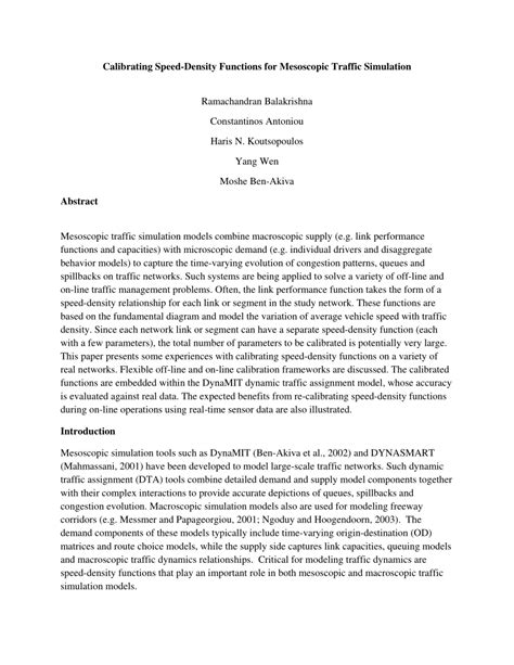Pdf Calibrating Speed Density Functions For Mesoscopic Traffic Simulation