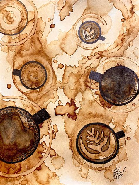 Lets Get Lattes Coffee And Graphite Painting Print Coffee Stain Art