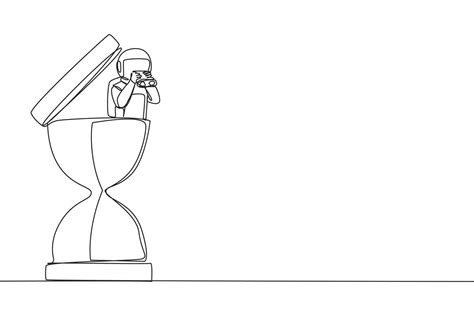 Continuous One Line Drawing Astronaut Emerges From Hourglass Looking For Something Through
