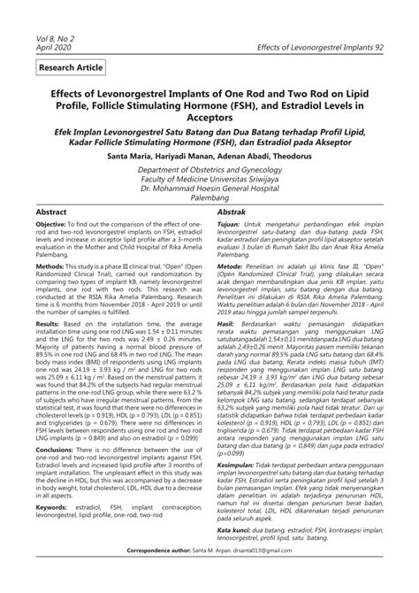 Pdf Effects Of Levonorgestrel Implants Of One Rod And Two Rod On