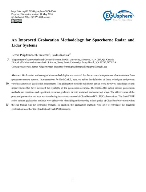 PDF An Improved Geolocation Methodology For Spaceborne Radar And Lidar Systems