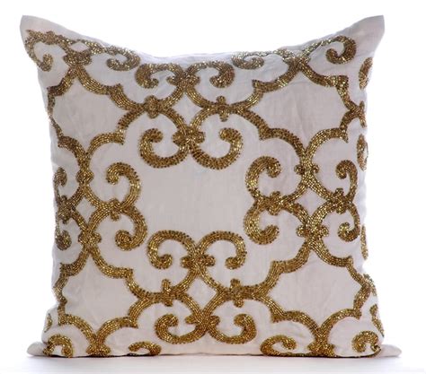 Throw Pillow Cover With Zipper Gold Shams Beaded Damask Turkish
