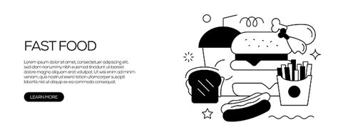패스트 푸드 및 길거리 음식 관련 웹 배너 라인 스타일 웹 배너 웹 사이트 헤더 등에 대한 현대 선형 디자인 벡터 일러스트레이션