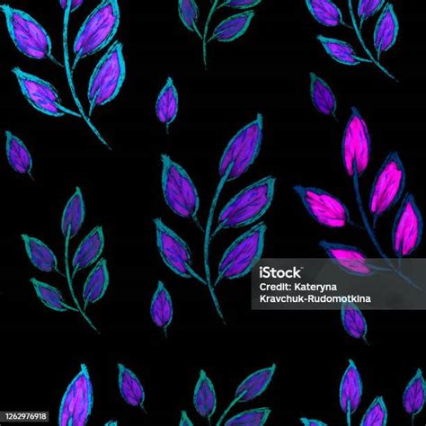 검은 색 배경에 파란색과 분홍색 네온 색상이있는 가지가있는 원활한 식물 패턴 여름과 봄 무늬 패션 럭셔리 패턴 직물 직물 인쇄 벽지 포장 디자인 0명에 대한 스톡 벡터 아트