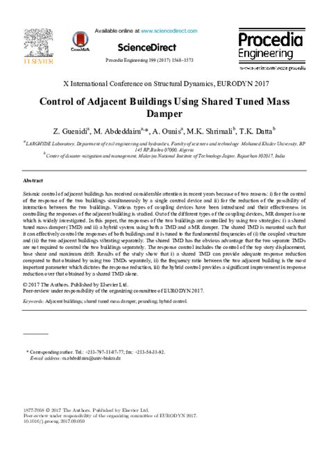Pdf Control Of Adjacent Buildings Using Shared Tuned Mass Damper Control Of Adjacent Buildings