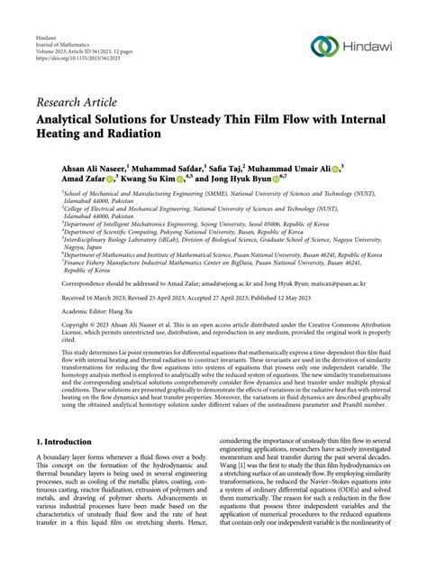 Pdf Analytical Solutions For Unsteady Thin Film Flow With Internal