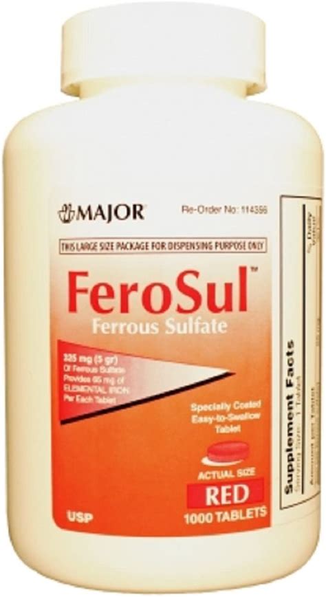 Major Ferosul Ferrous Sulfate 325mg Botlle Of 1000 Red Tablets Pack Of