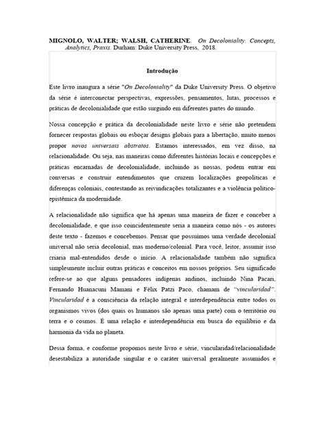 Introdução Livro On Decoloniality Concepts Analytics Praxis Mignolo Walsh Pdf Pensamento