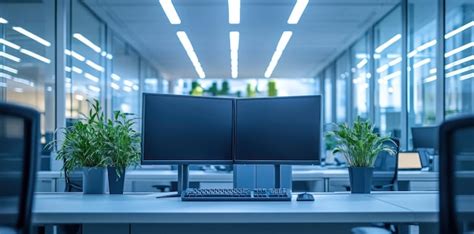 Modern Office Workspace With Dual Monitors And Keyboard Premium Ai