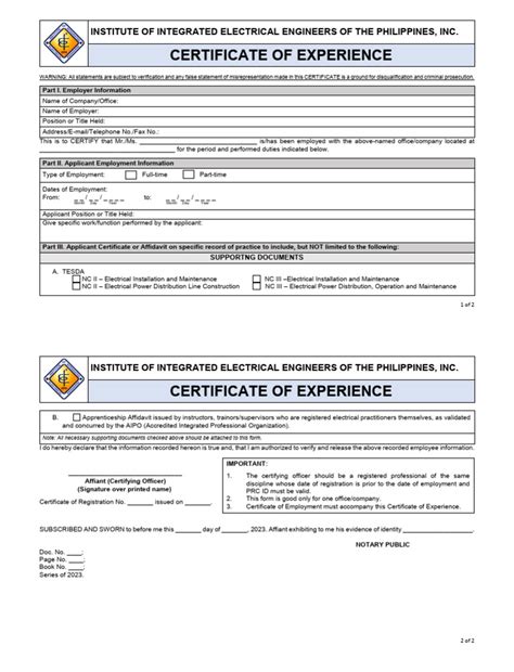 Rme 4 Certificate Of Experience Pdf Affidavit
