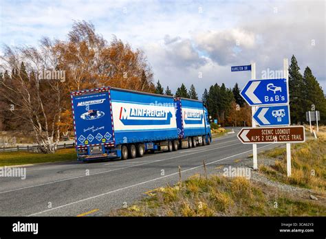 Mainfreight Lorry Truck Transport Vehicle Approaching Lake Tekapo