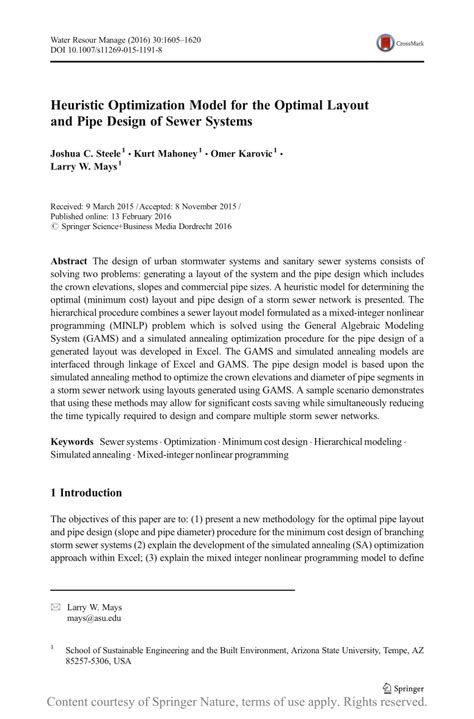 Heuristic Optimization Model For The Optimal Layout And Pipe Design Of Sewer Systems Request Pdf