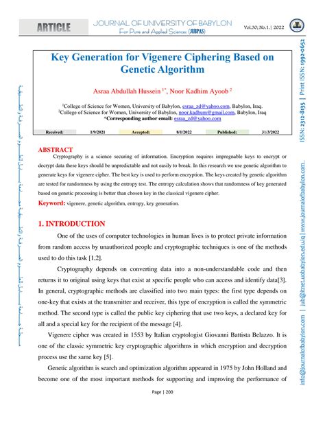 Solution Key Generation For Vigenere Ciphering Based On Genetic