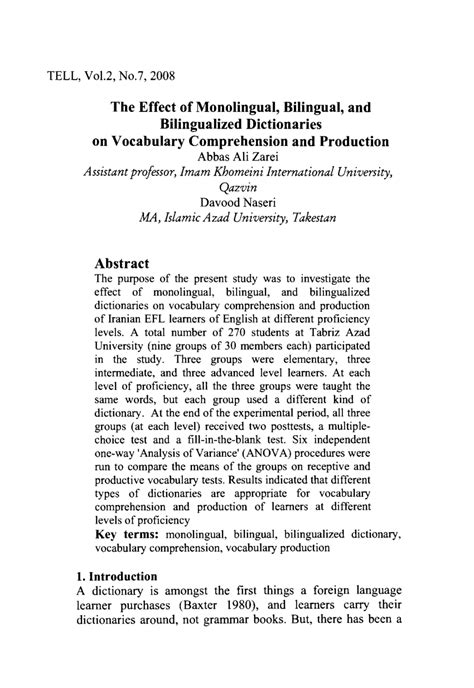 Pdf The Effect Of Monolingual Bilingual And Bilingualized Dictionaries On Vocabulary